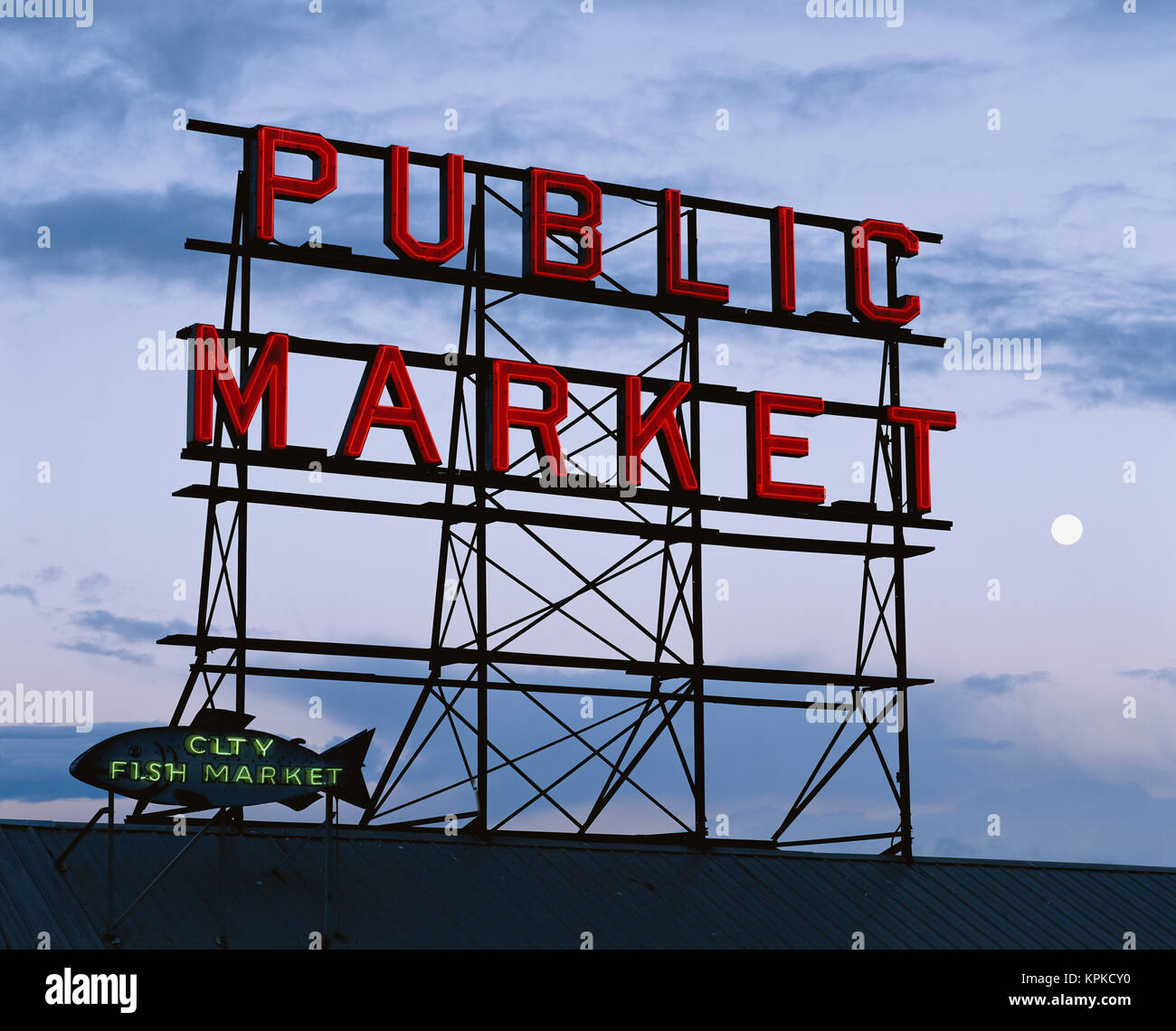 USA, Washington, Seattle, Pike Street Market, Public market neon sign ...