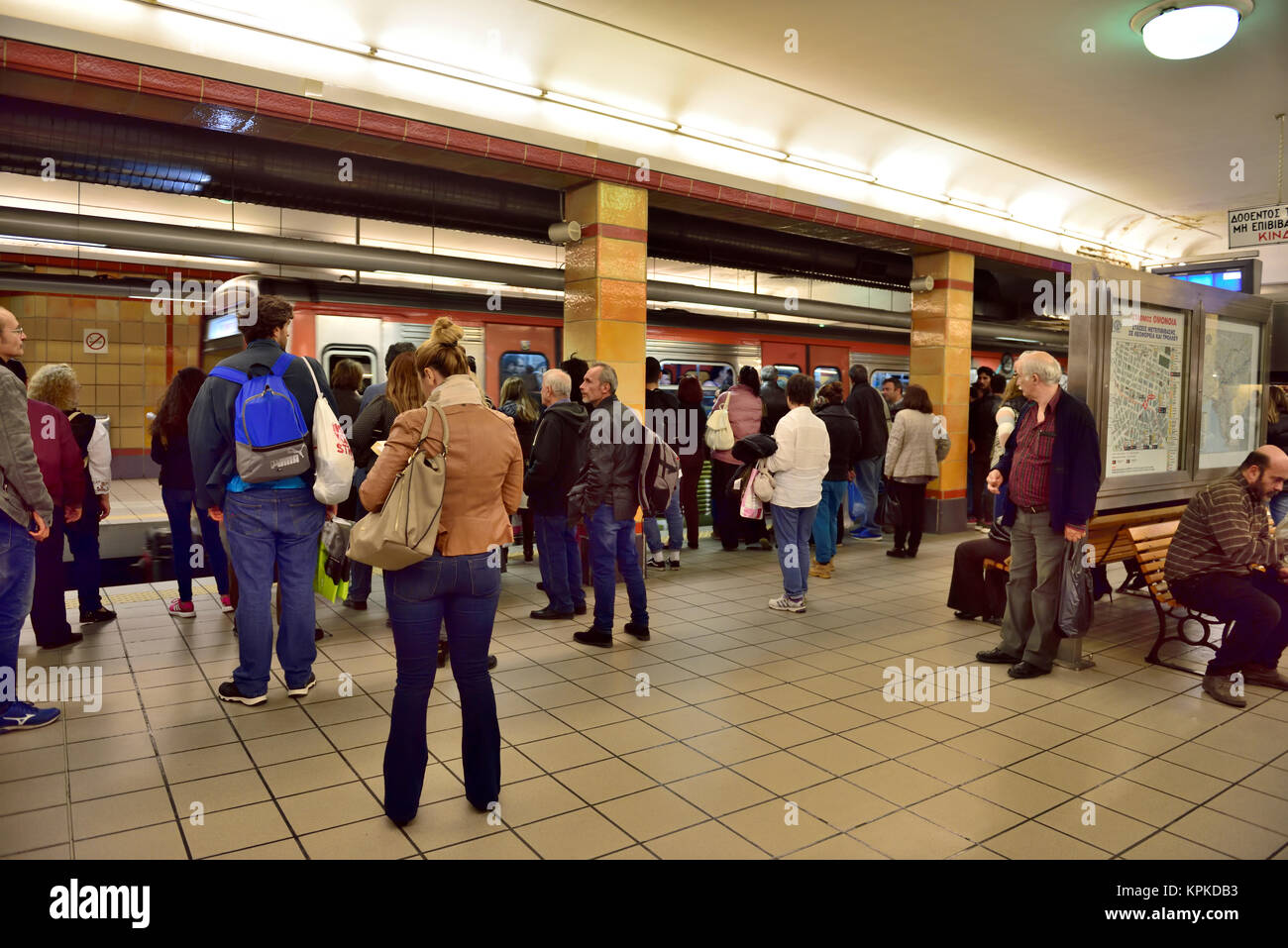 Passengers on platform waiting for train at Omonia metro station ...
