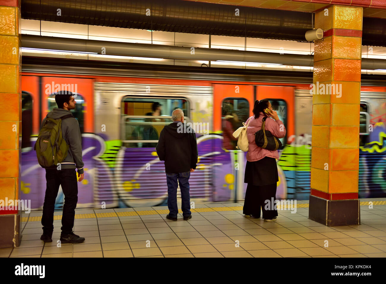 Passengers on platform waiting for train at Omonia metro station ...