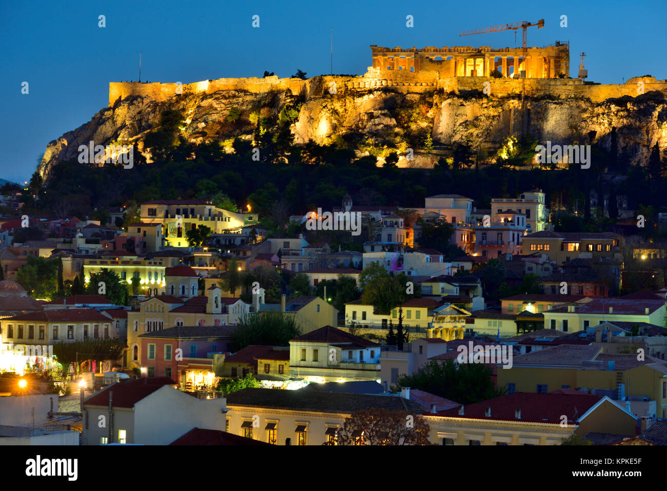 City of Athens with Acropolis on skyline at night with the lights on ...