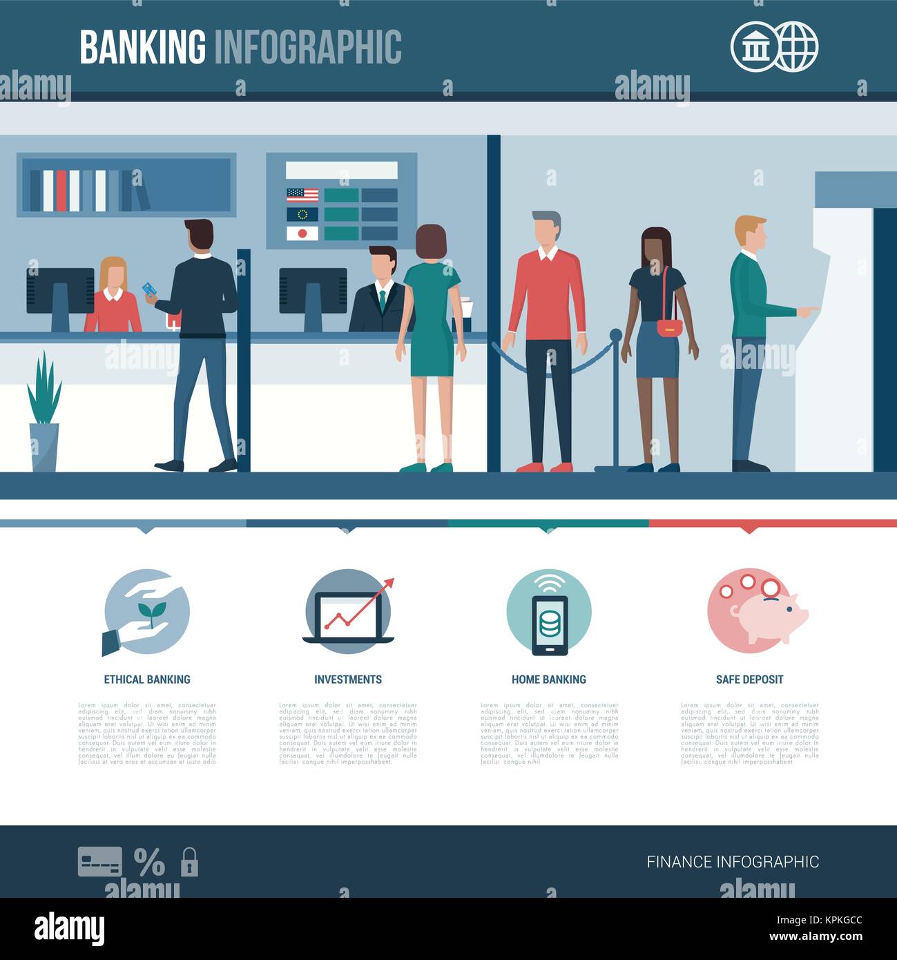 Banking, financial services and front desk infographic with concept ...