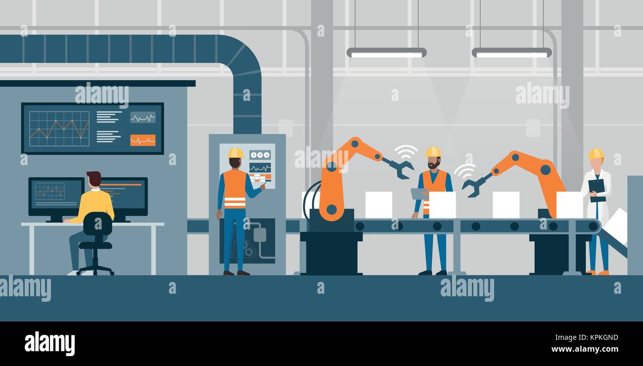 Efficient Smart Factory With Workers Robots And Assembly Line