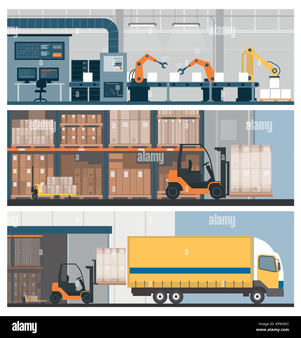 Smart factory 4.0, warehouse and freight transportation, banner set ...