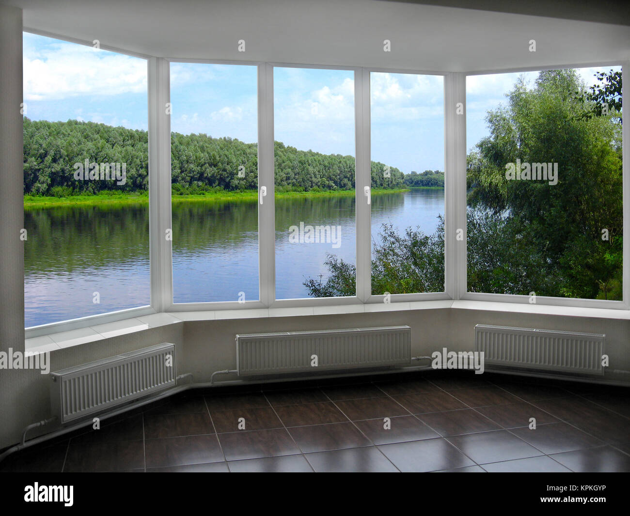 big windows with window overlooking the summer river Stock Photo - Alamy