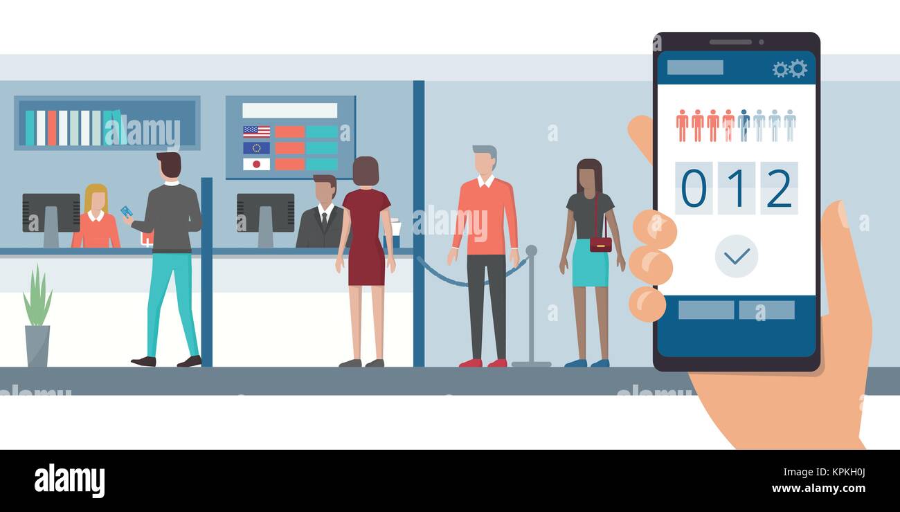 Fast and easy queue app on a smartphone and people waiting in line at ...