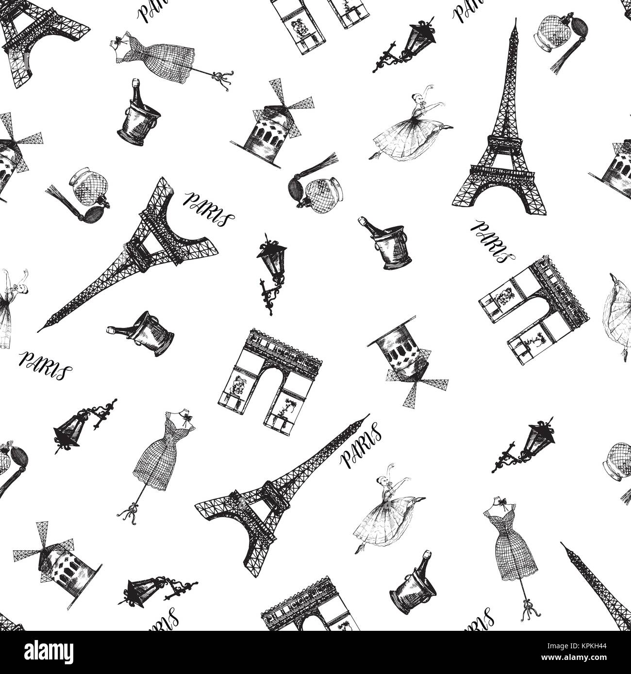 Seamless pattern of sketch style France themed objects. Vector ...
