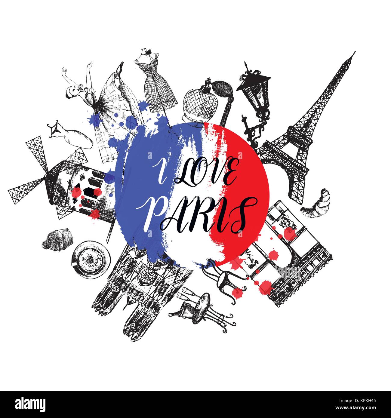 Hand drawn sketch style France themed objects. Vector illustration ...
