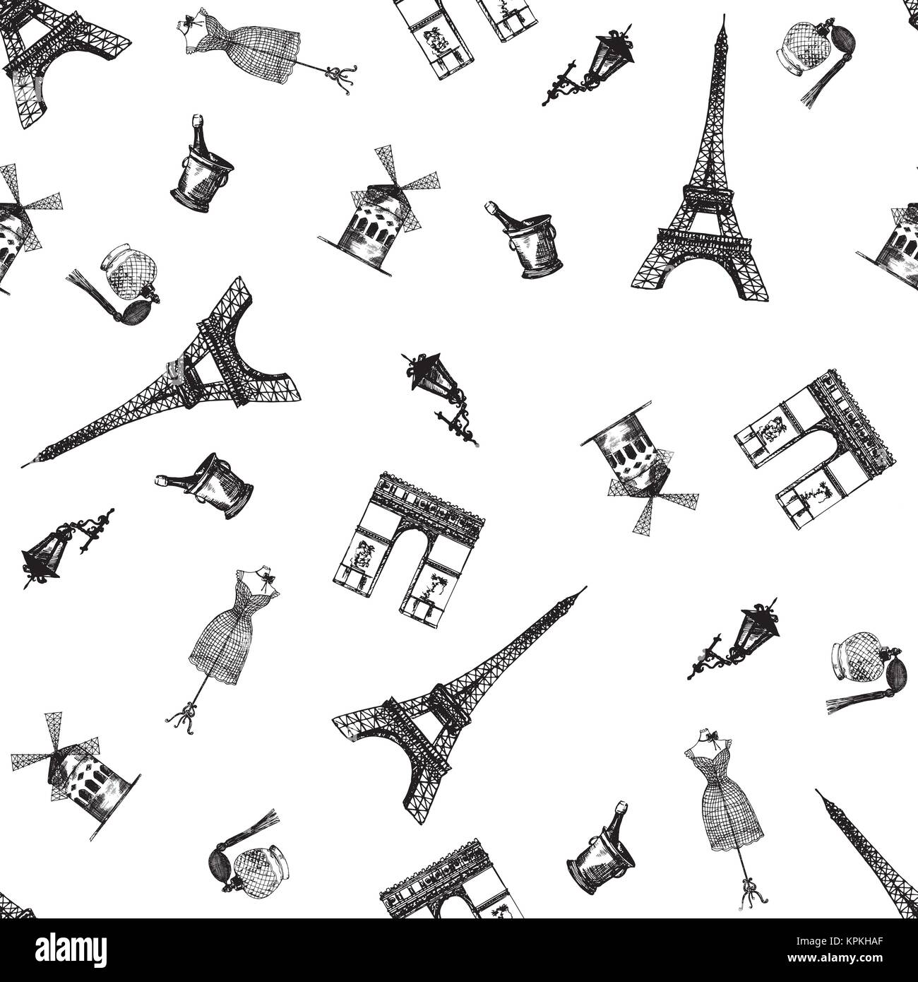 Hand drawn sketch style seamless pattern of France themed objects ...