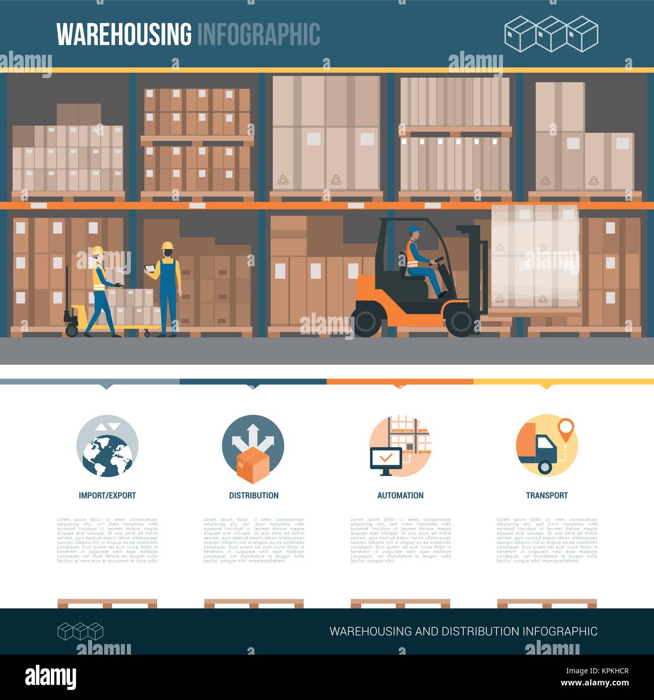 Warehousing, shipping and industry infographic with icons and copy ...