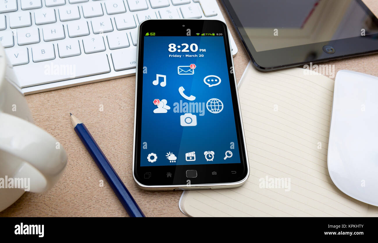 Workplace with mobile phone Stock Photo - Alamy