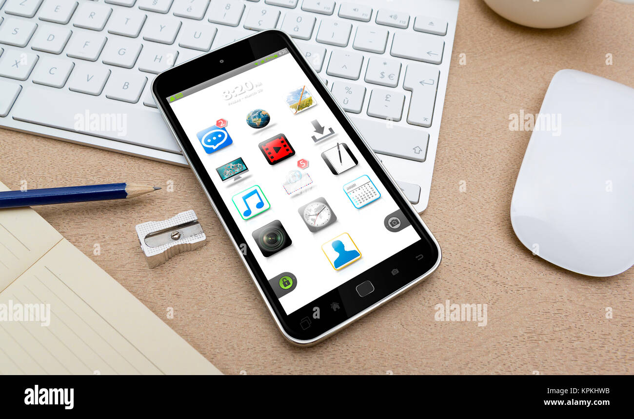 Workplace with mobile phone Stock Photo - Alamy