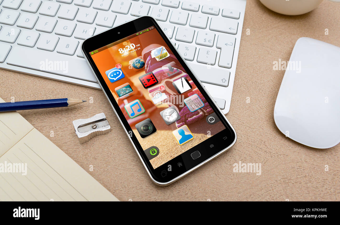 Workplace with mobile phone Stock Photo - Alamy