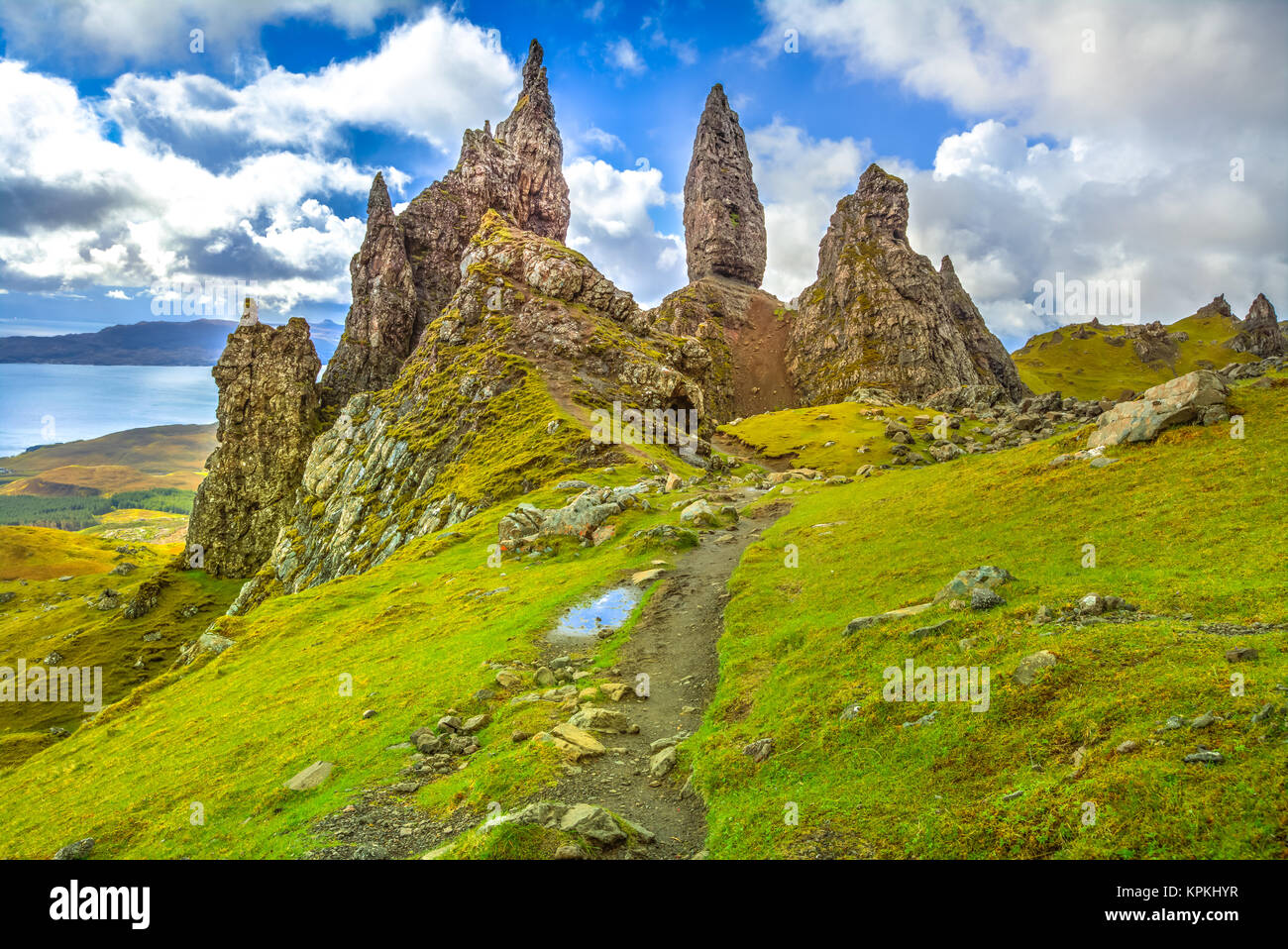 Famous rock pinnacles Old Man of Storr, on a north hill in the isle of ...