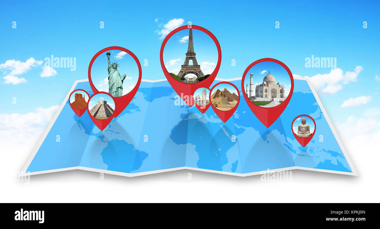Monuments of the world on a map Stock Photo - Alamy