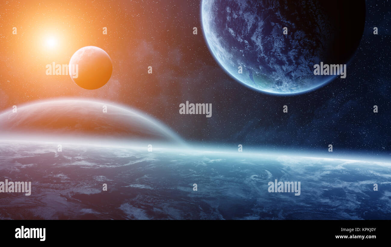 Sunrise over planets in space Stock Photo - Alamy