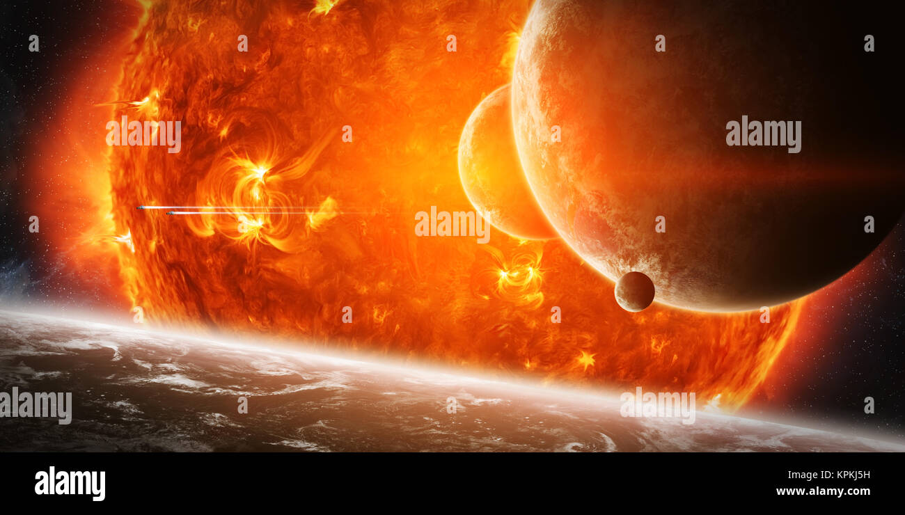 Exploding sun in space close to planet Stock Photo - Alamy