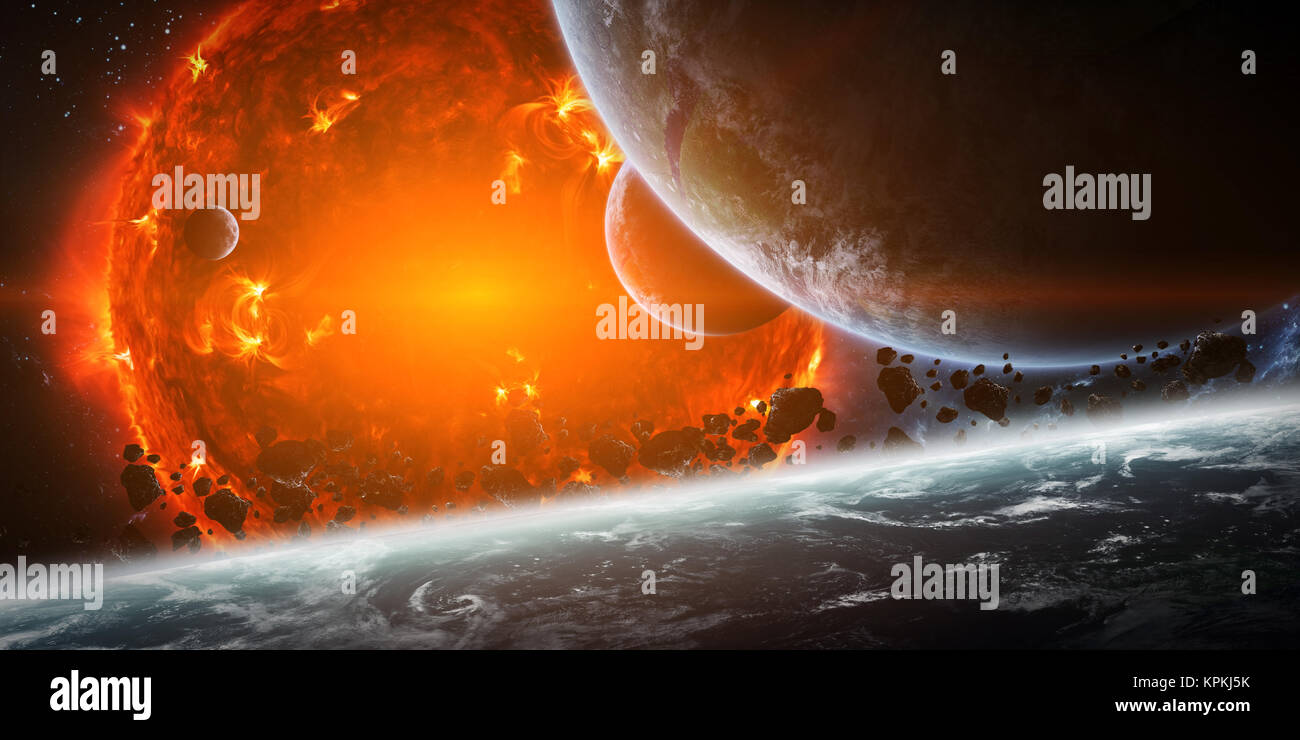 Exploding sun in space close to planet Stock Photo - Alamy