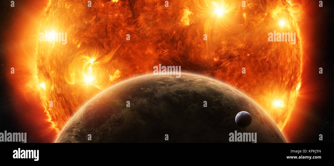 Exploding sun in space close to planet Stock Photo - Alamy