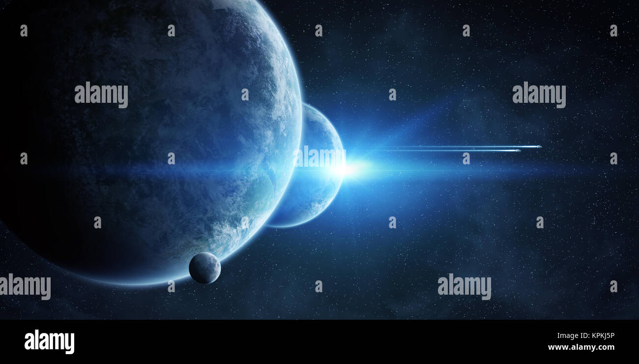Sunrise over planets in space Stock Photo - Alamy