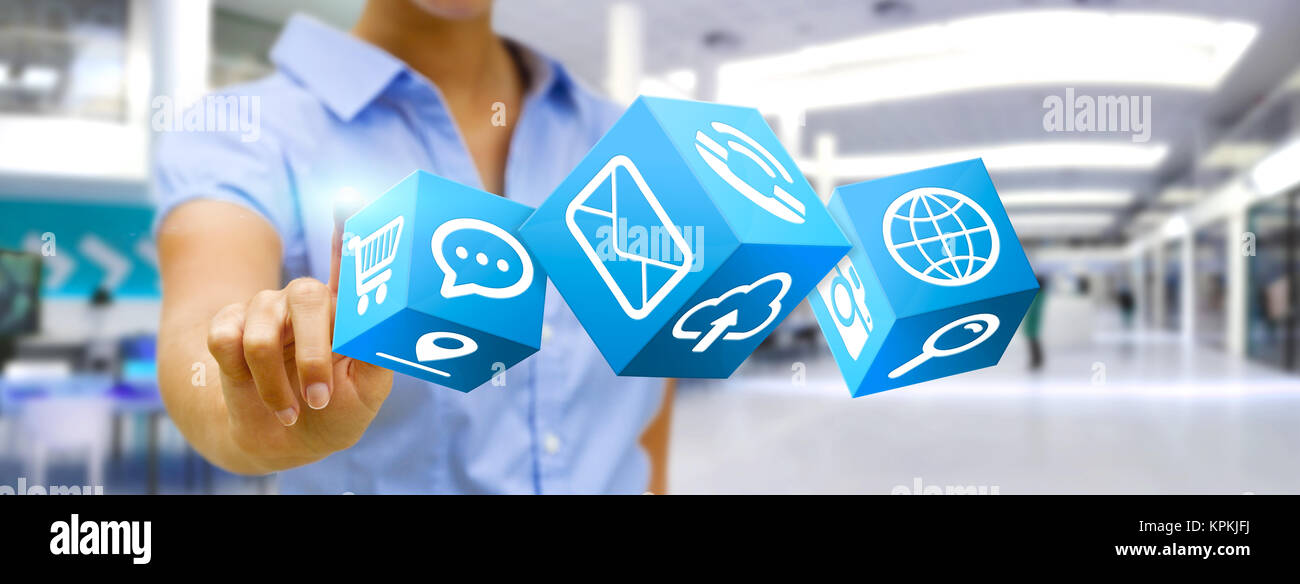 Businesswoman using modern cube interface Stock Photo - Alamy