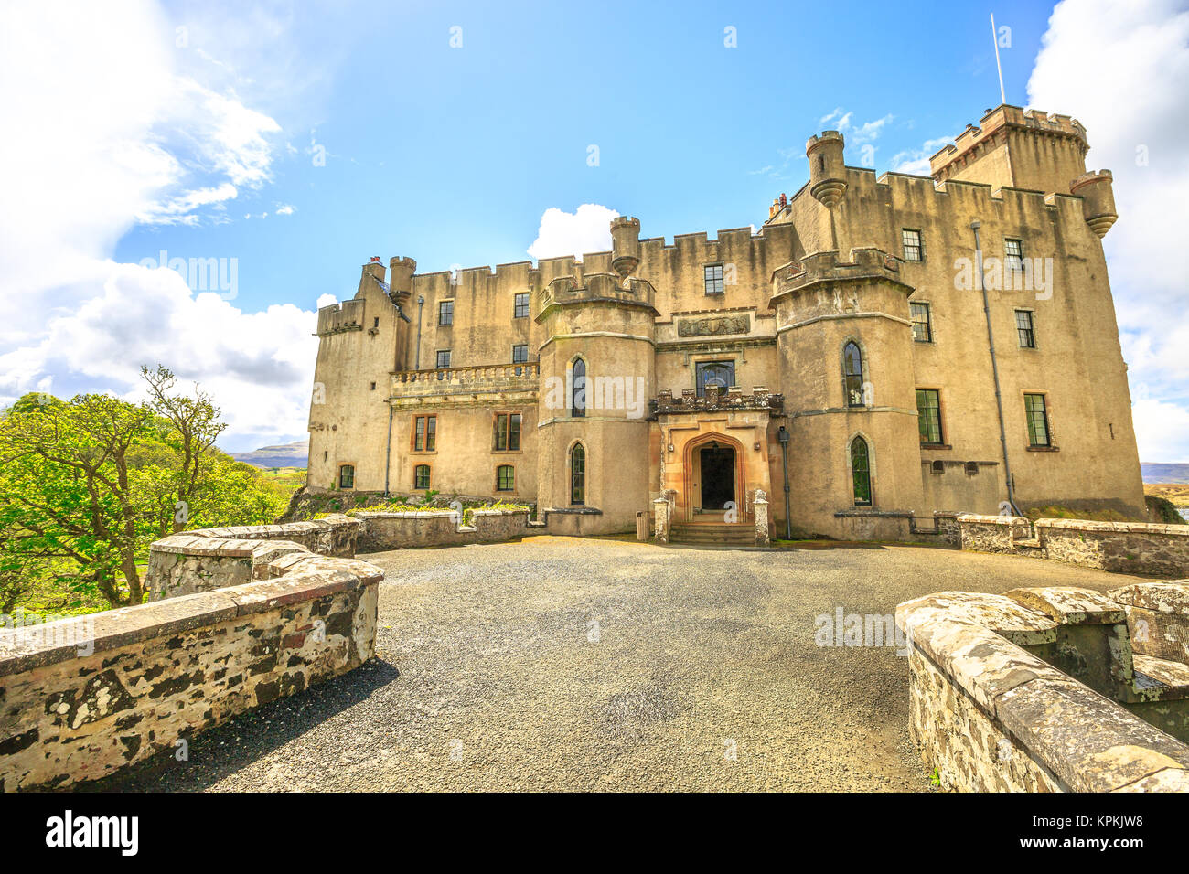 Front entrance of Dunvegan Castle in Dunvegan city of Isle of Skye ...