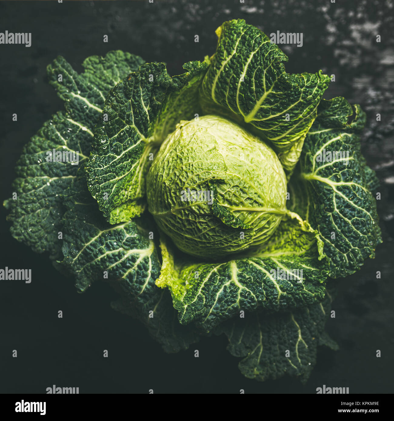 Raw fresh green cabbage over dark background, square crop Stock Photo ...