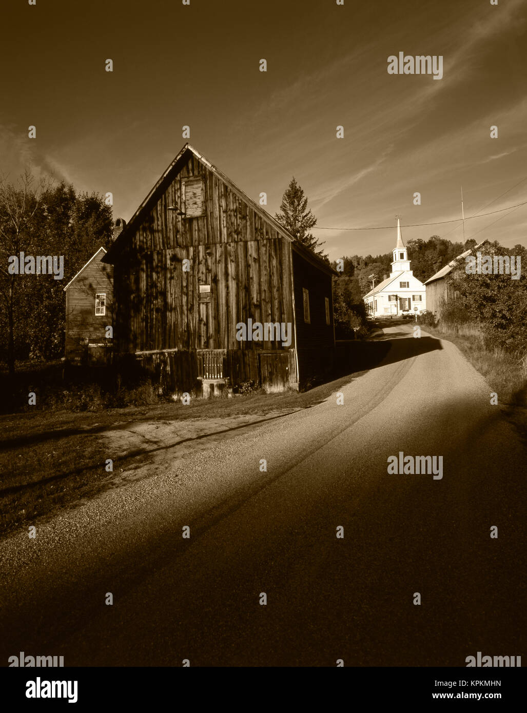 USA, Vermont, Northeast Kingdom, Waits River, View of church and barn ...