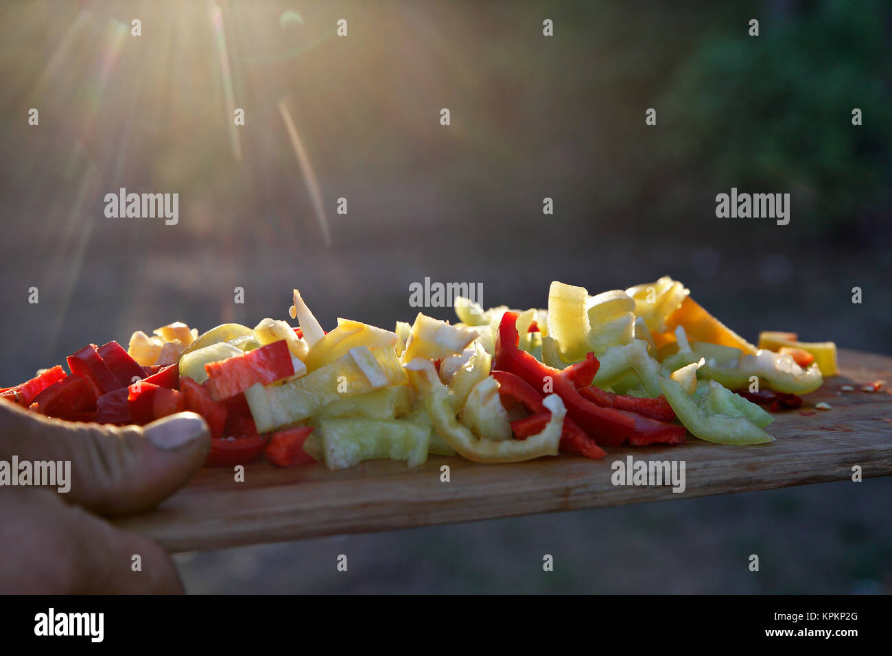 Outdoor cooking. Chopped paprika in a sunlight Stock Photo - Alamy