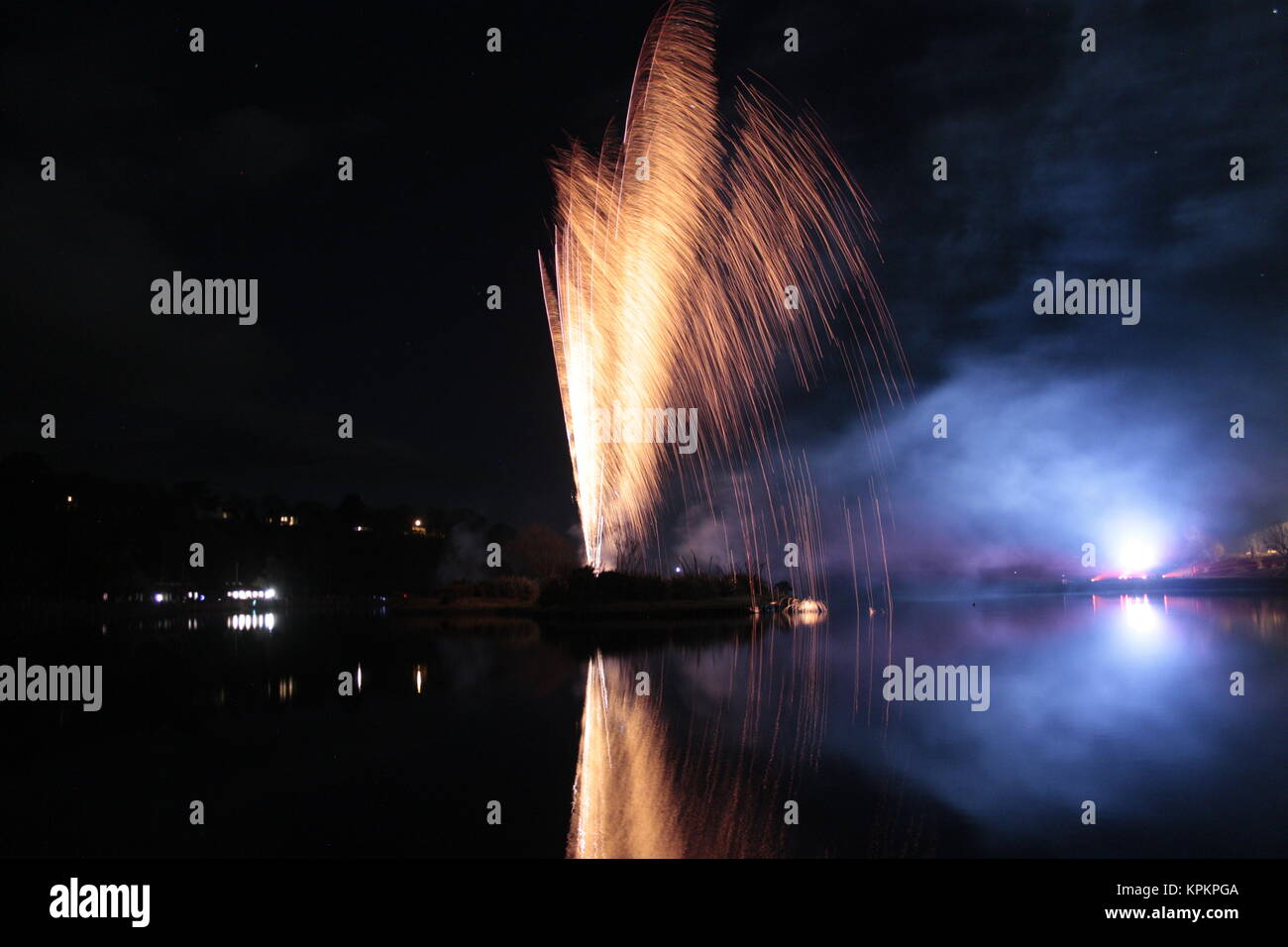 Spectacular organised fireworks display over the Mooragh Lake, Ramsey ...