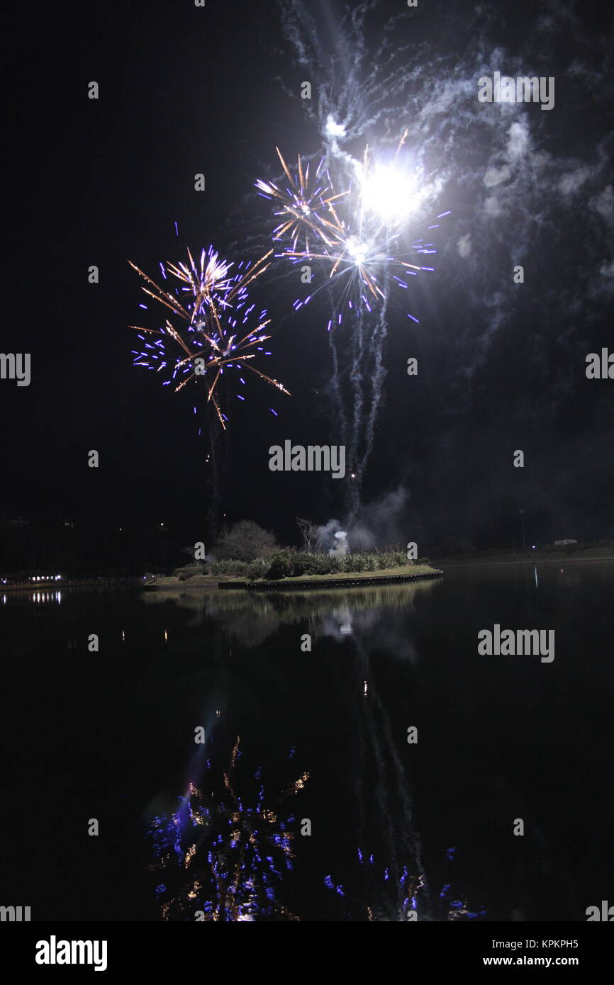 Spectacular organised fireworks display over the Mooragh Lake, Ramsey ...