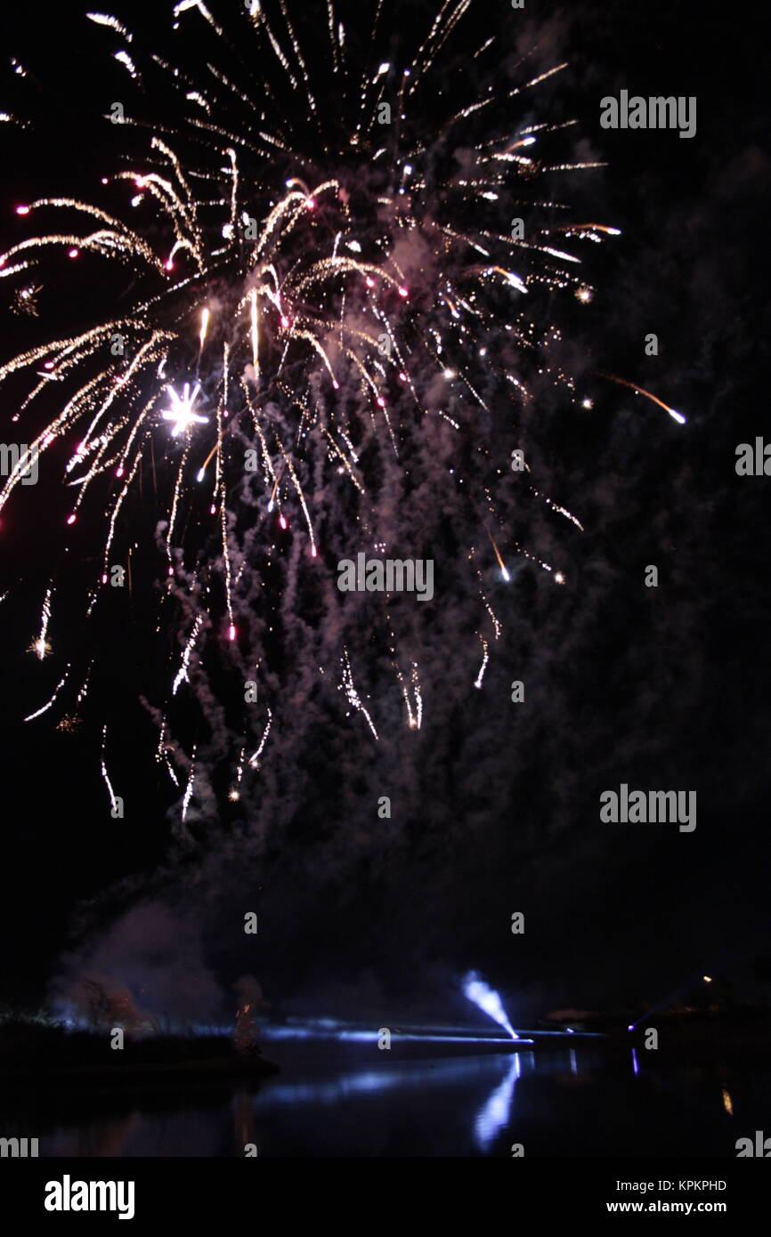 Spectacular organised fireworks display over the Mooragh Lake, Ramsey ...