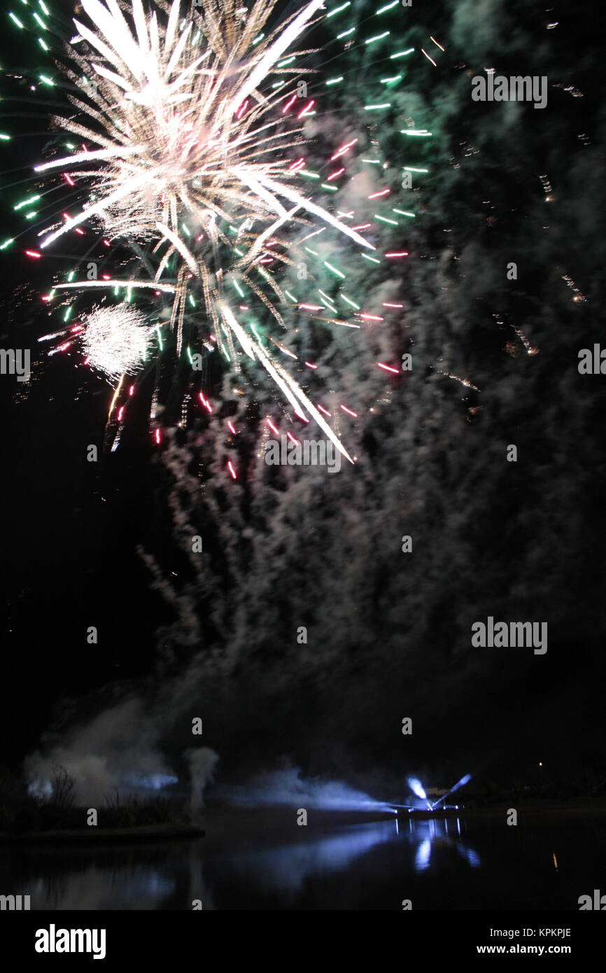 Spectacular organised fireworks display over the Mooragh Lake, Ramsey ...
