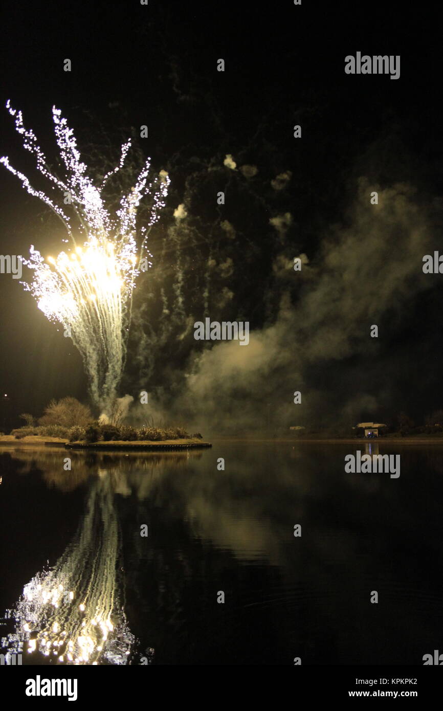 Spectacular organised fireworks display over the Mooragh Lake, Ramsey ...