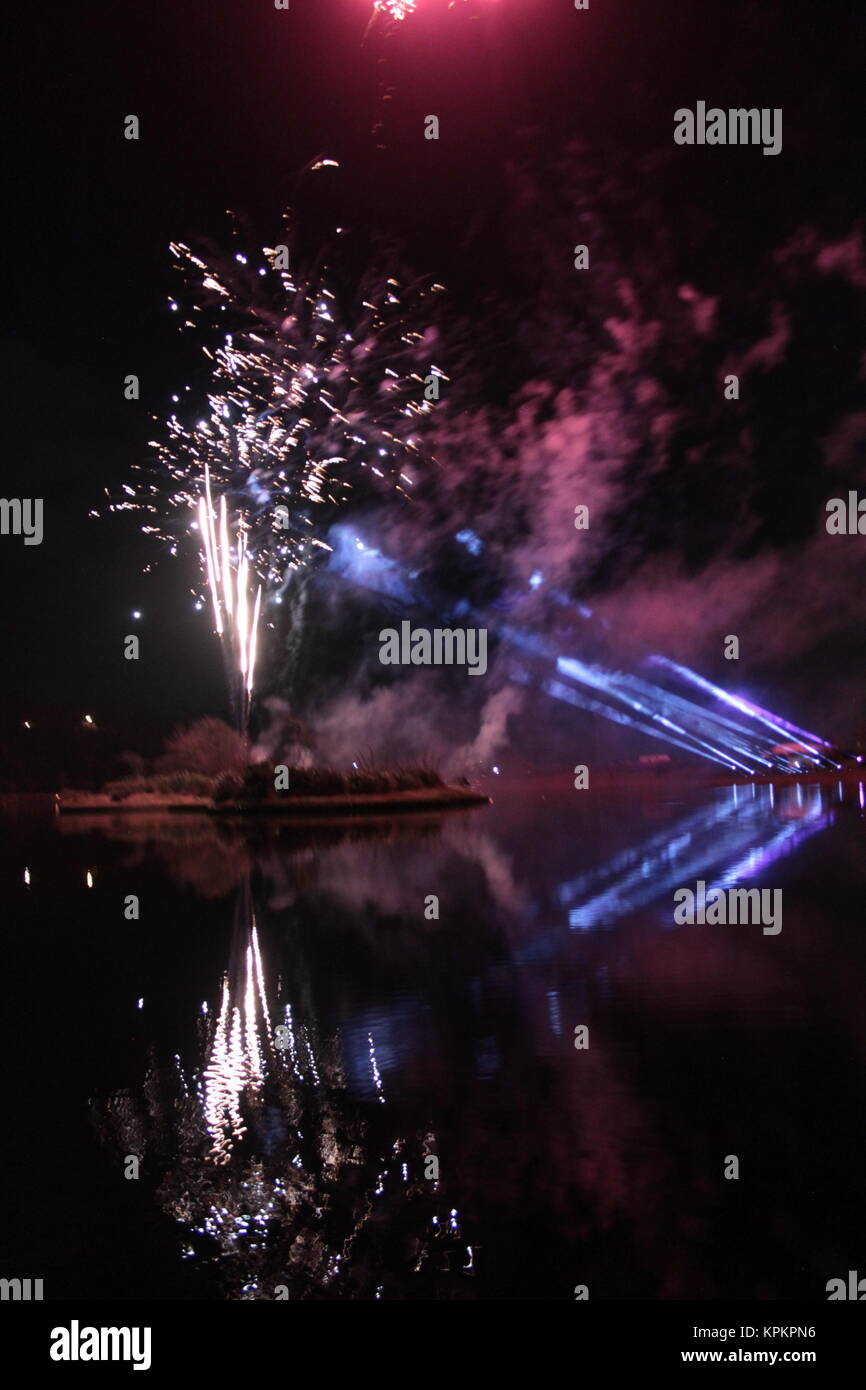 Spectacular organised fireworks display over the Mooragh Lake, Ramsey ...