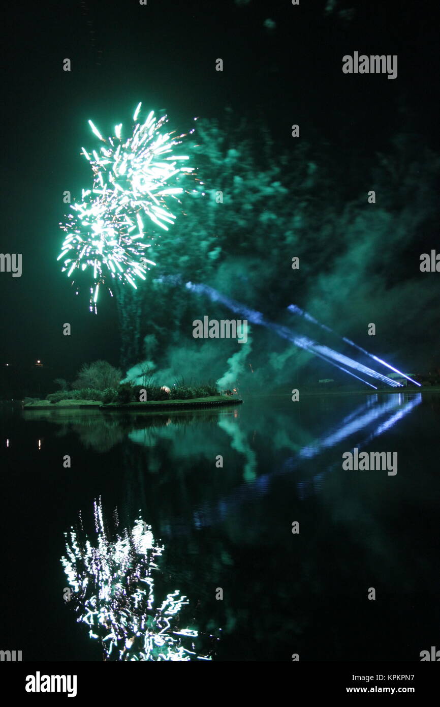 Spectacular organised fireworks display over the Mooragh Lake, Ramsey ...