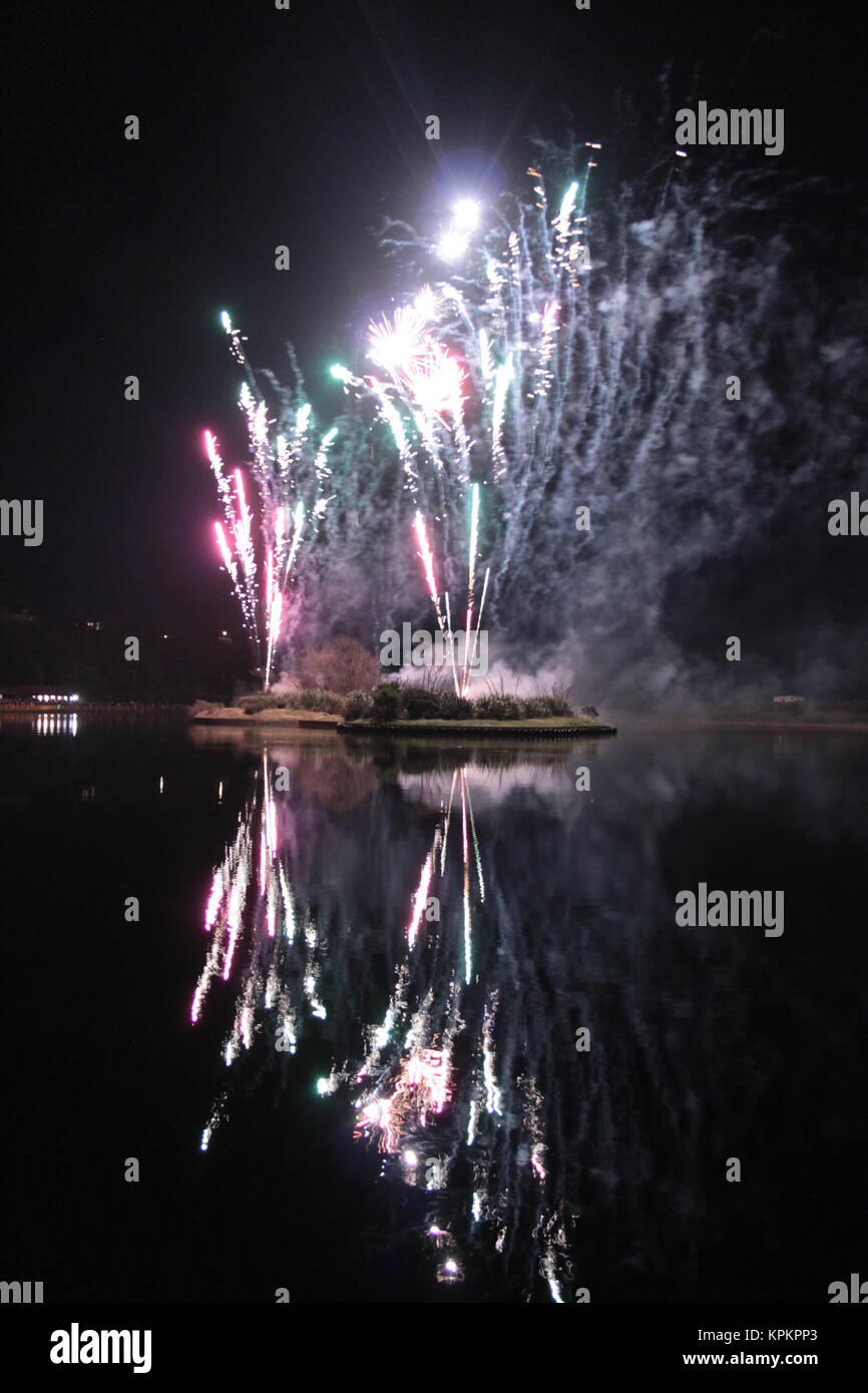 Spectacular organised fireworks display over the Mooragh Lake, Ramsey ...