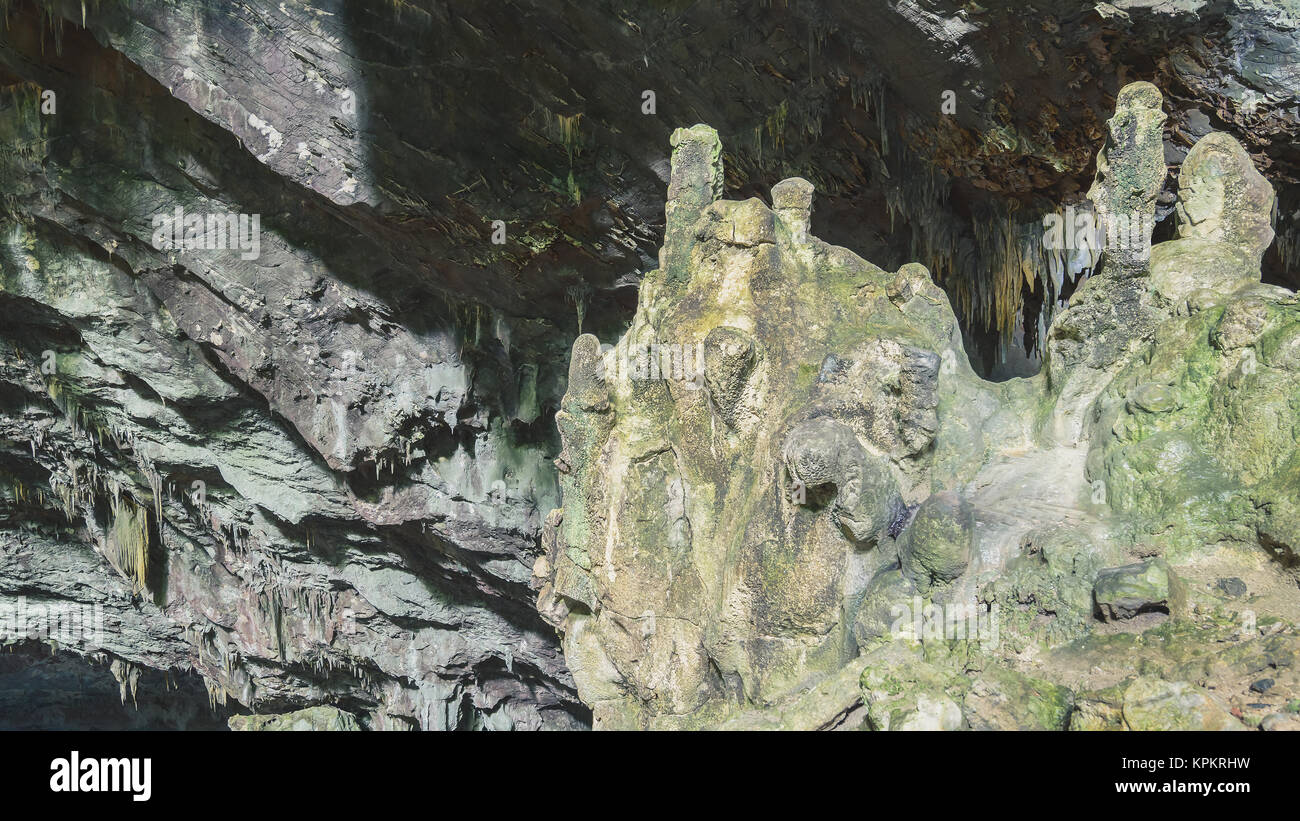 Rock formations and stalactites on the ceiling of the grotto Gruta do ...