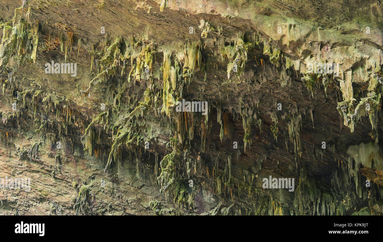 Stalactites and rock formations on the ceiling of the grotto Gruta do ...