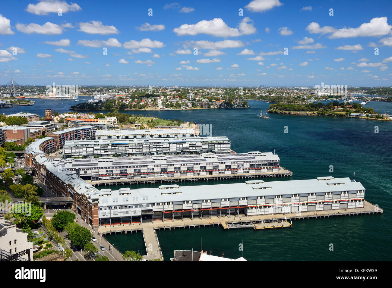 Elevated view of piers and wharfs at Dewes Point from Harbour Bridge ...