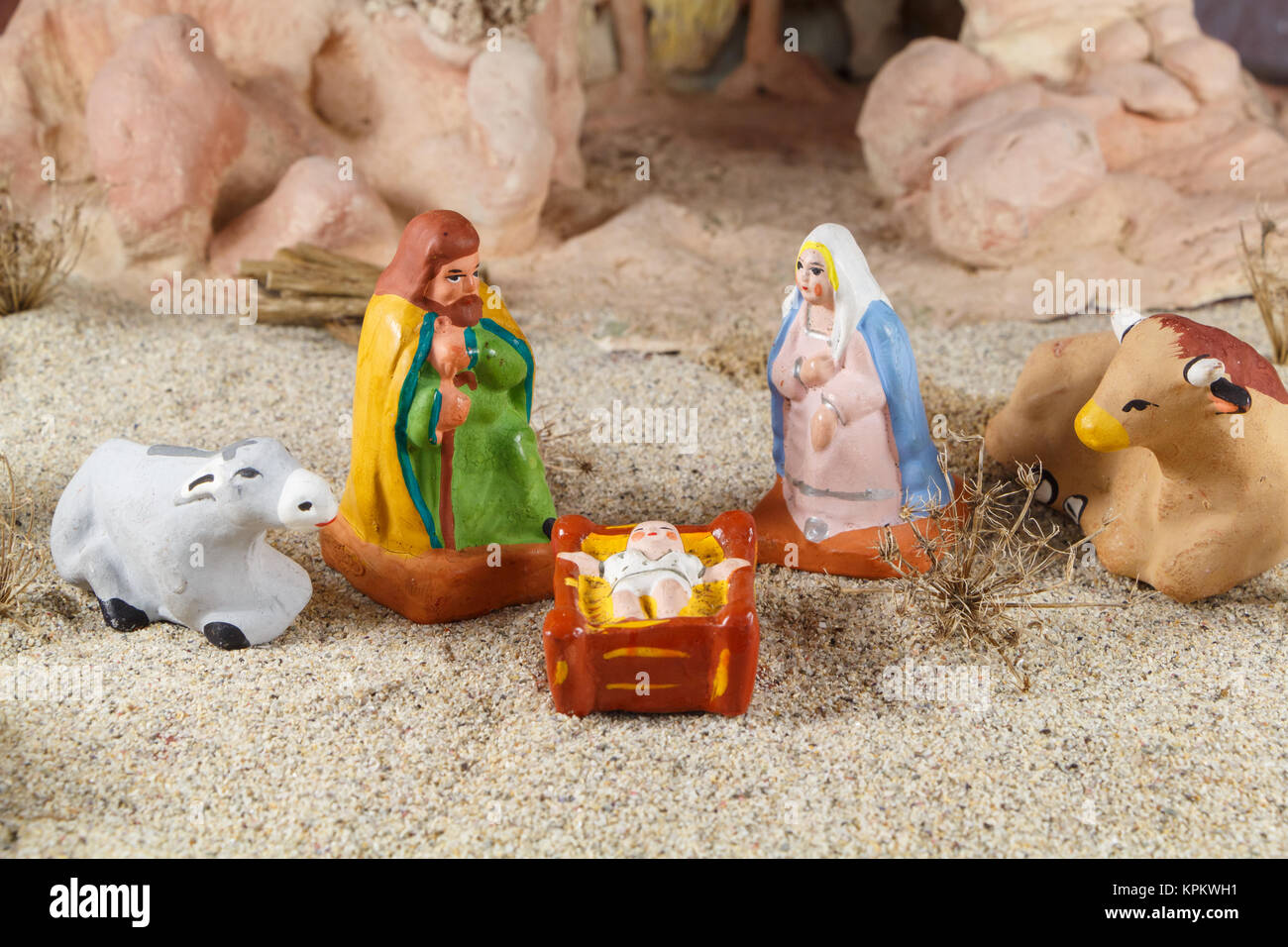 Nativity scene with provencal Christmas crib figures of Jesus, Mary and ...