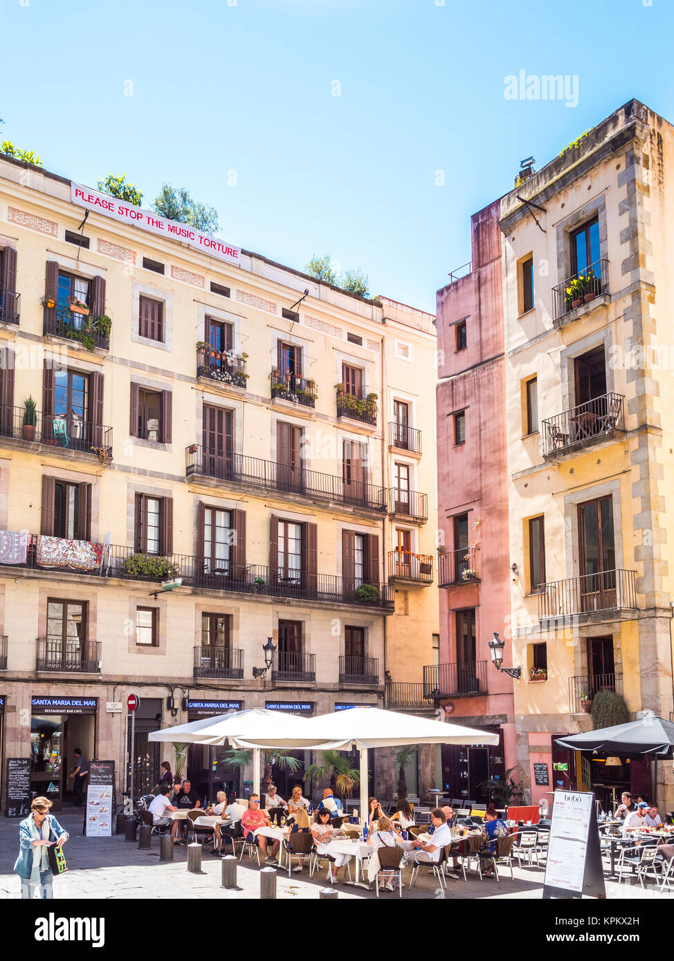 Barcelona, Spain - June 19, 2016. Facades of buildings in a square in ...