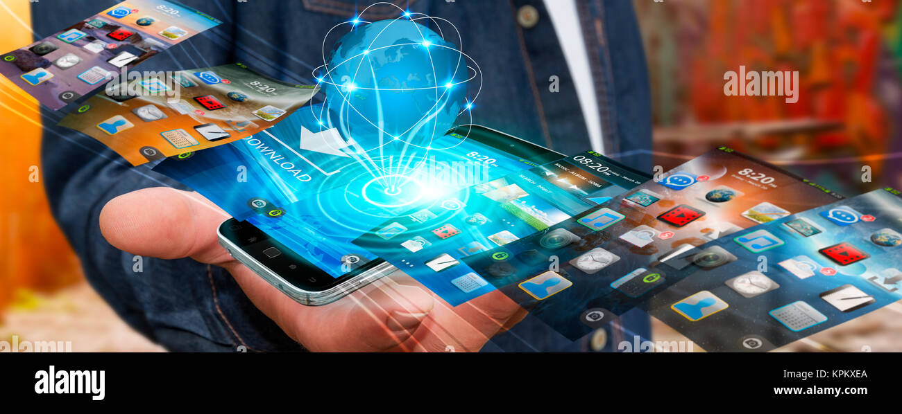 Young man using modern mobile phone Stock Photo - Alamy
