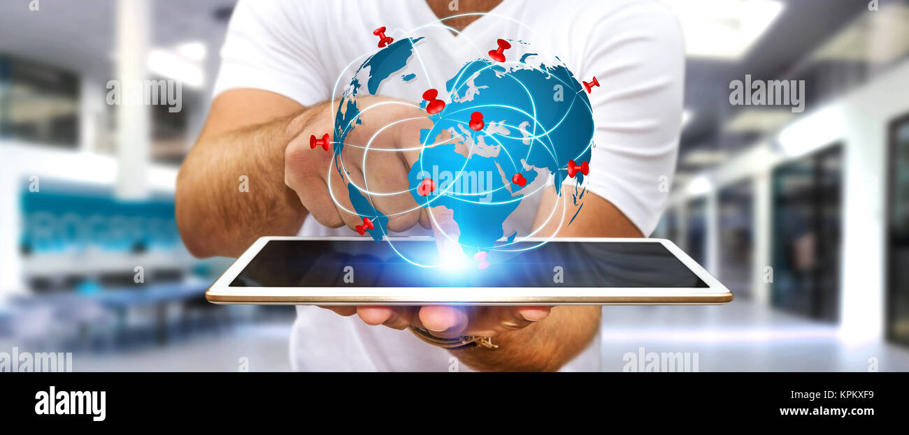 Businessman holding digital world map in his hands Stock Photo - Alamy