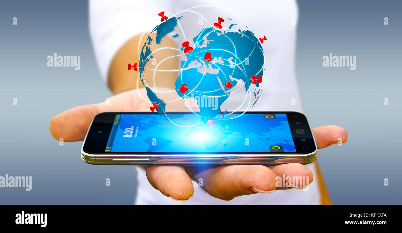 Businessman holding digital world map in his hands Stock Photo - Alamy