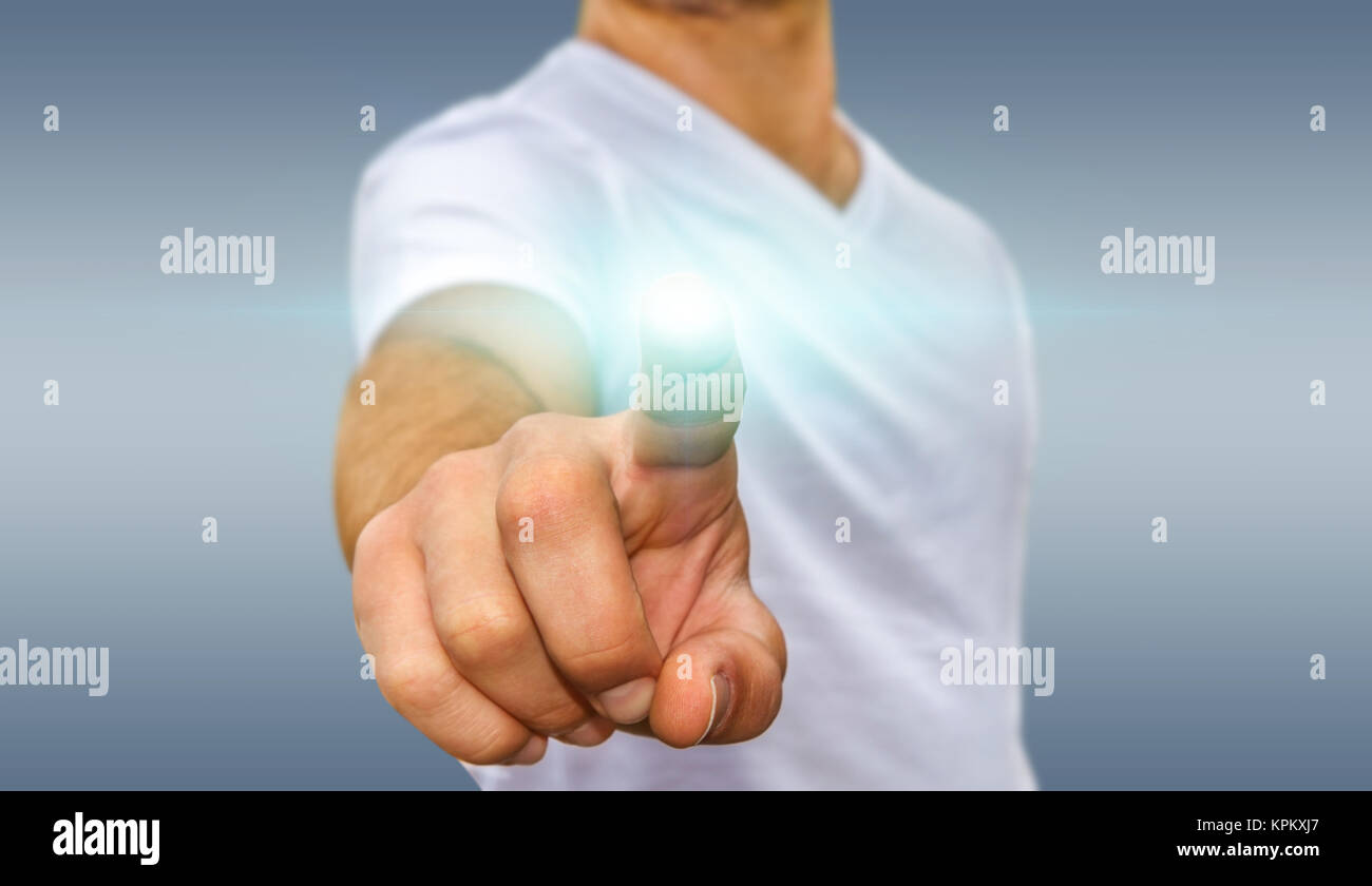 Young man pointing finger Stock Photo - Alamy