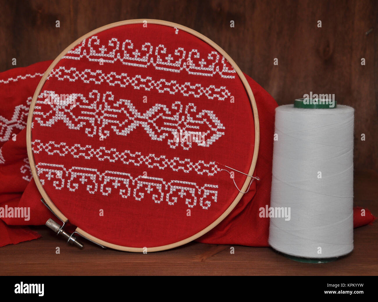 Red fabric with embroidery pattern Stock Photo - Alamy