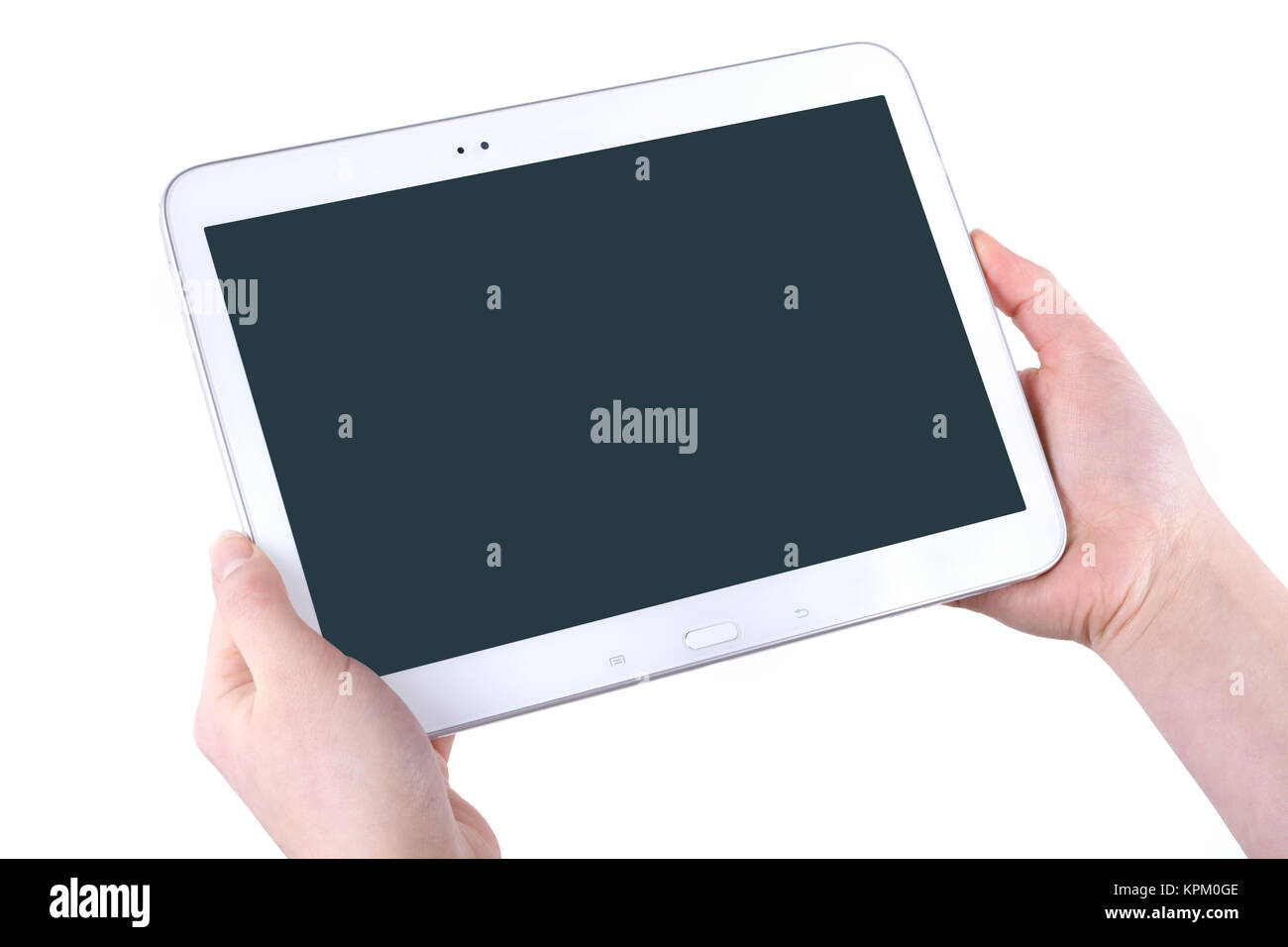 Tablet in the women hands on a white background Stock Photo - Alamy