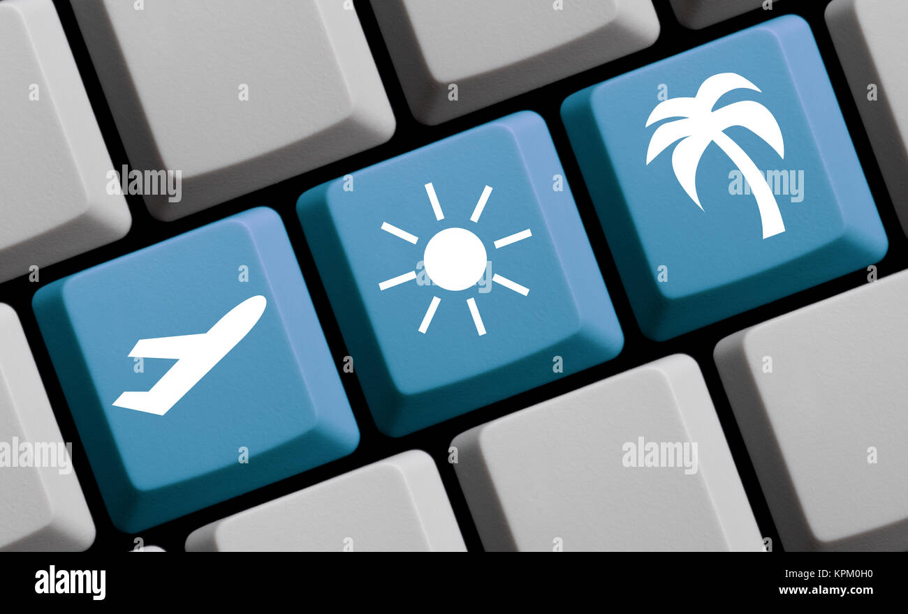 Symbole auf blauer Computer Tastatur: Flug in die Sonne suchen und ...