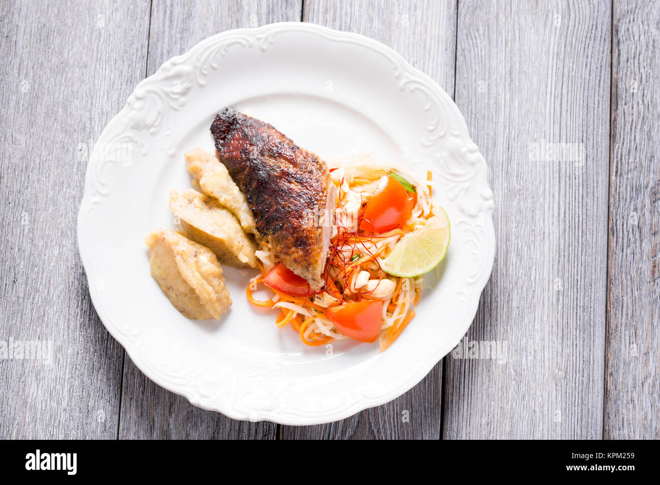 Fresh roasted oriental aromatic duck breast served with potato mash and ...