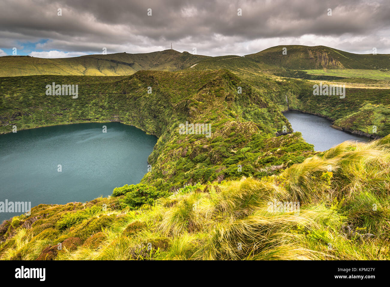Azores landscape with lakes in Flores island. Caldeira Comprida Funda ...
